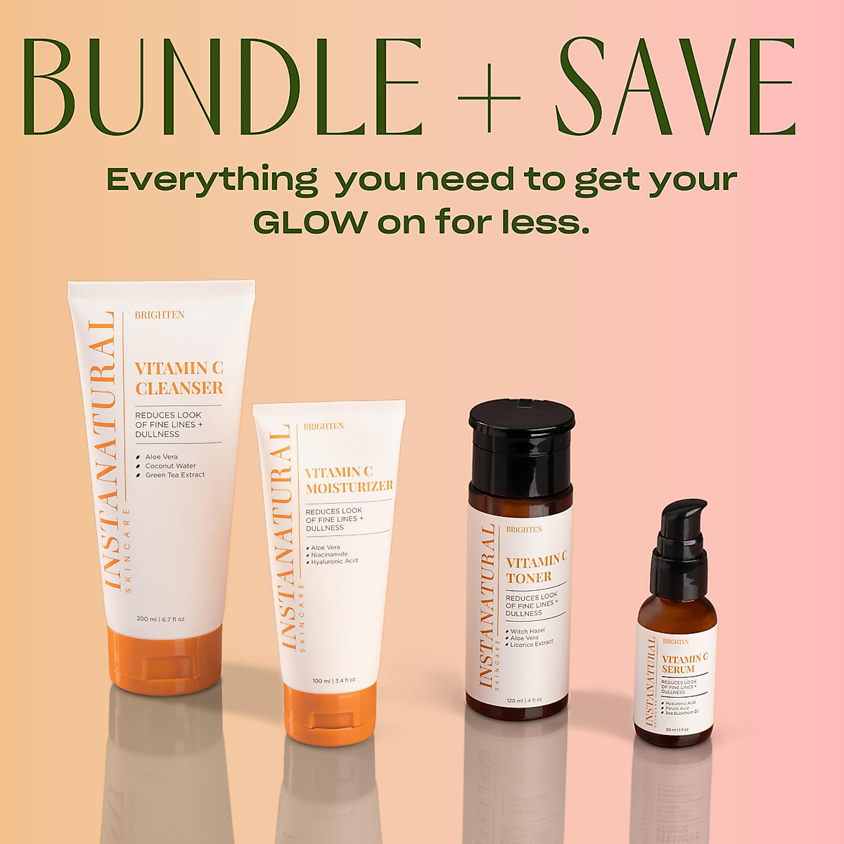 InstaNatural Vitamin C Four Step Skin Care Set, Skincare Routine, Brightens, Hydrates, Prevents Signs of Aging, Face Wash, Toner, Serum and Moisturizer, with Botanical Extracts