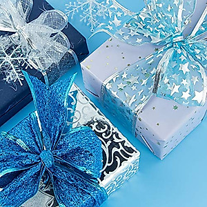 VATIN Christmas Ribbon,Wired Holiday Party Ribbons Assorted Snowflake Dot Holly Star Patterns Decorations, Swirl Sheer Glitter Ribbon 36 Yards (2.5" Width x 6Yard Each Roll) -Blue/Silver