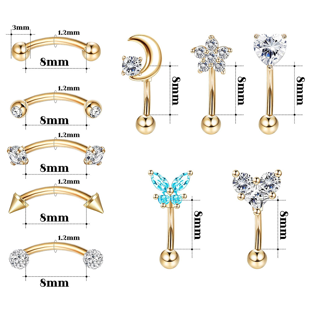 Drperfect 10Pcs 16G Rook Daith Earrings for Women Stainless Steel Belly Lip Ring Cartilage Tragus CZ Body Piercing Curved Barbell Eyebrow Rings 6-8mm