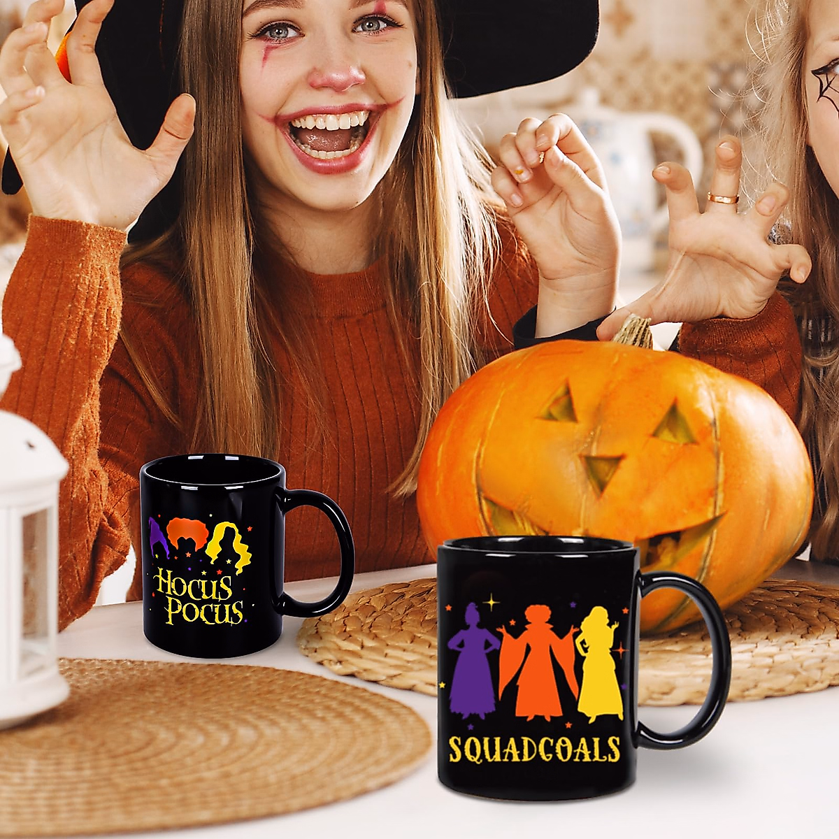 Whaline 2Pcs Halloween Mug Set 12oz Witch Coffee Mugs Hocus Pocus Ceramic Drinking Mugs for Home Table Centerpieces Housewarming Gift Office School