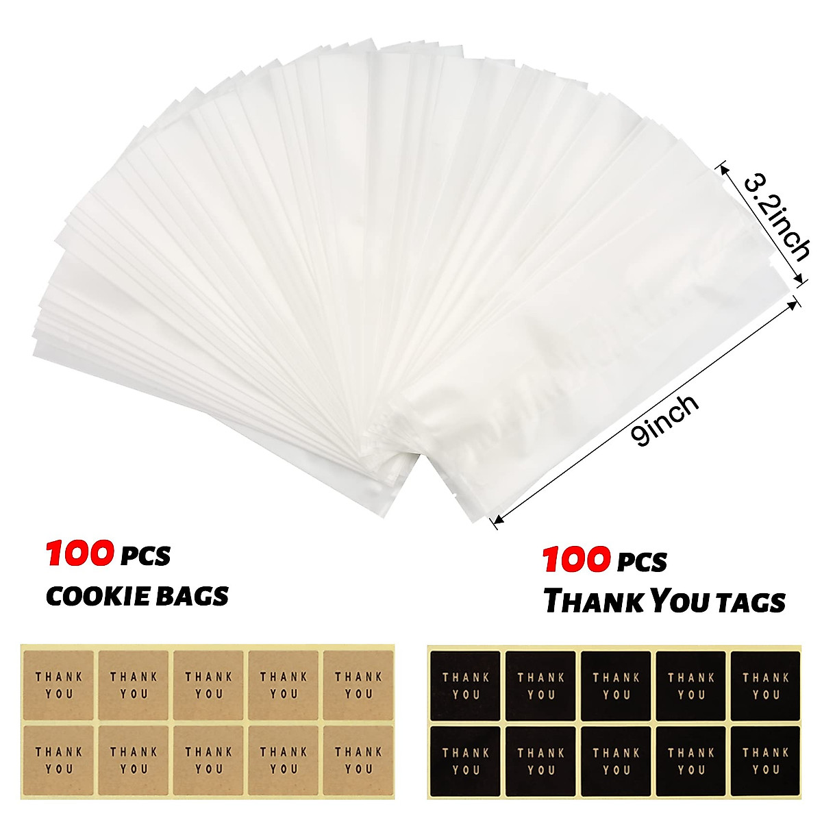 LOKQING 100 PCS Resealable Mylar Bags 4.9x7.9 Inches and 100 Pcs Translucent Plastic Cookie Bags with Stickers