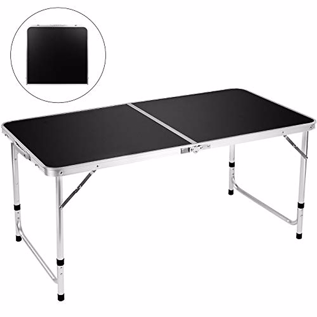 FiveJoy Folding Camping Table, 4 FT Aluminum Height Adjustable Lightweight Desk Portable Handle, Top Weatherproof and Rust Resistant Table for Outdoor Picnic Beach Backyard, 47" x 24",Black