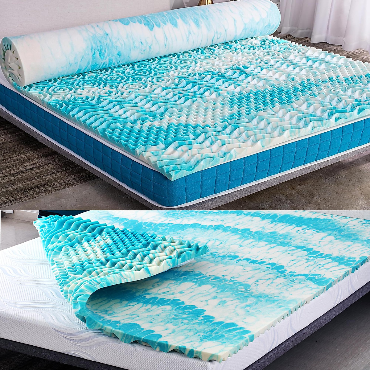 Askme 2 Inch 7-Zone Queen Memory Foam Mattress Topper, Cooling Gel Foam Mattress Topper for Pressure Relief,Bed Topper in a Box CertiPUR-US Certified, Queen Size