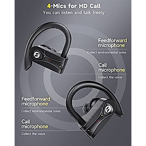 Bluetooth Headphones Noise Canceling 4 Mics Clear Call Stereo Bass Sound 60H Playtime Wireless Charging Case Over Ear Earphones LED Digital Display Headset with Earhooks for Sports Running Workout Gym