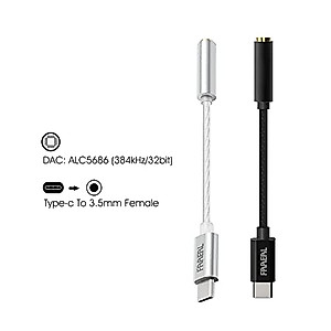 FAAEAL Type-C to 3.5mm DAC Cable Decoding Headphone Converter Gold-Plated Female Seat Earphone Amplifier Braided/Silver-Plated Wire Audio Adapter for Win10 Android Tablet PC Earphones (Silver)
