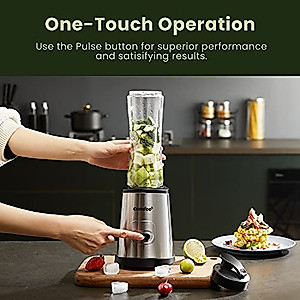COMFEE' Compact Personal Blender, with Tritan BPA-Free 20 Oz and 10 Oz Travel Cups with Lids, for Shakes, Frozen Drinks, Smoothies, Food Prep, 300-Watt Base, Stainless Steel