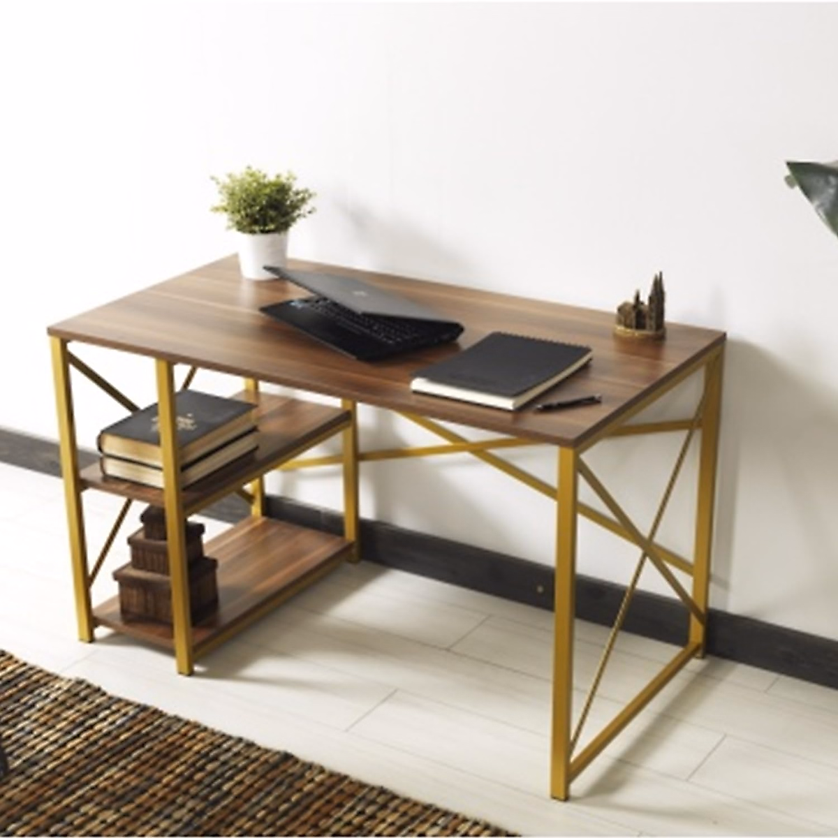 Complete Computer Workstation Desk with Storage Furnish Home Store Gold Metal Frame 47" Wooden Top 2 Shelves Writing and Computer Desk for Home Office (Black)