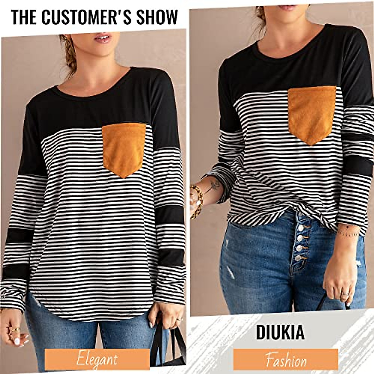 Diukia Women's Pinstripe Patch Pocket Long Sleeve Tops Stripe Color Block Lightweight Pullover Shirt for Girls Teens Junior Ladies Black L