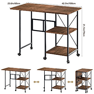 leasote 32 Inch Office Desk, Folding Computer Desk with Drawers, Home Office Desk Gaming Desk with Bookshelf Design, Small Computer Desk with Casters, Rolling Desk Laptop Cart Brown