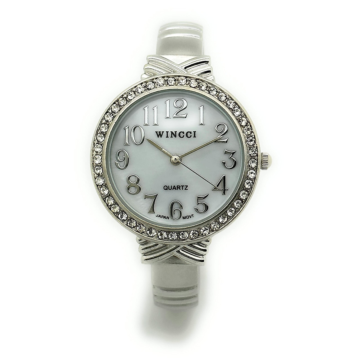 Wincci Ladies Mother of Pearl Dial Metal Bangle Cuff Fashion Analog Quartz Watch with Rhinestones (Silver)