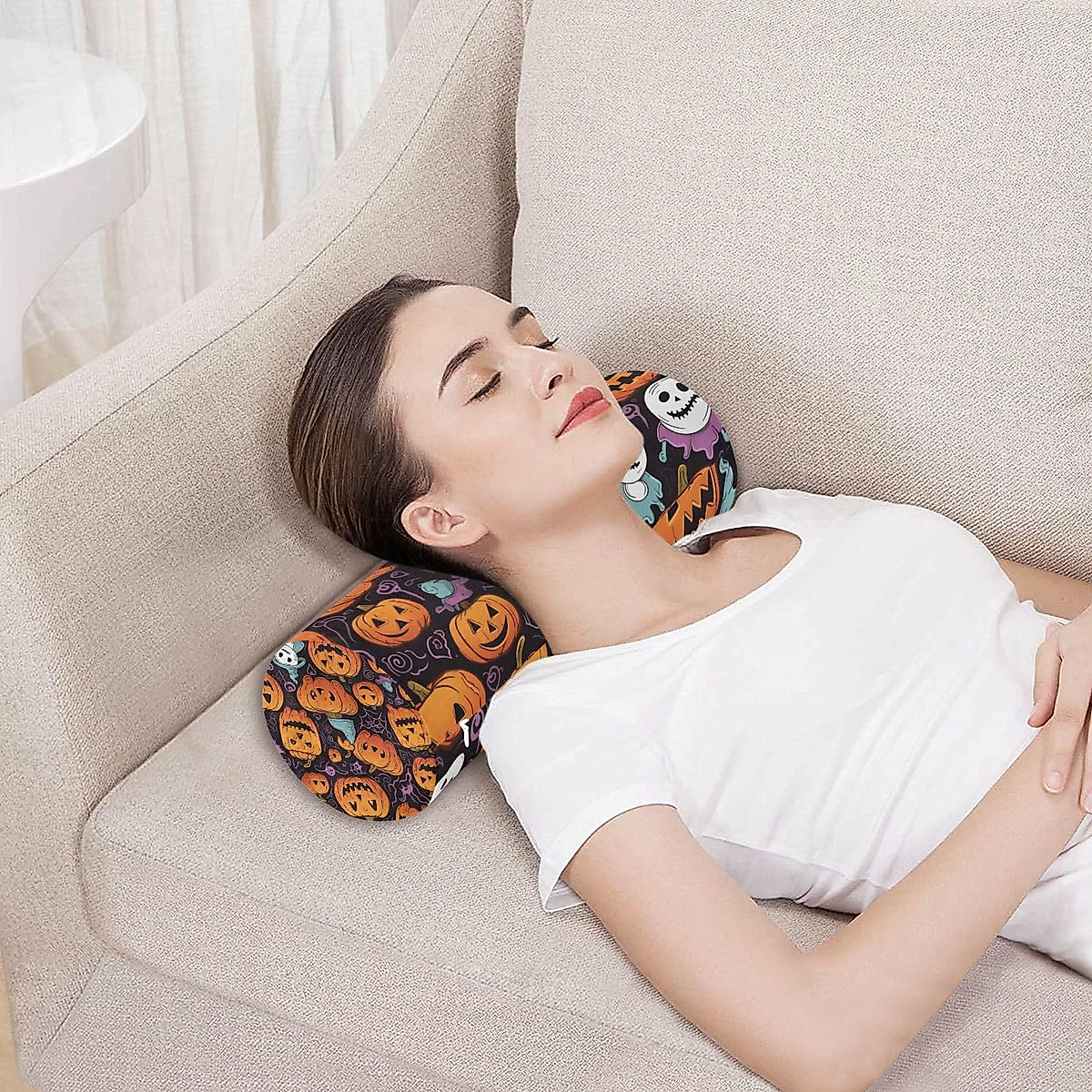 xigua Halloween Pumpkins Neck Roll Pillow for Neck Relief with Removable Washable Cover - Memory Foam Round Cylinder Bolster, Ergonomically Designed for Head, Neck, Back, and Legs