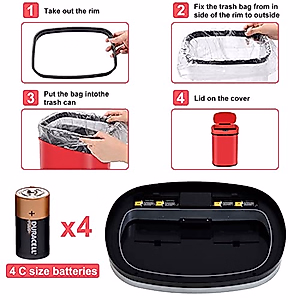 13 Gallon 50 Liter kitchen Trash Can with Touch-Free & Motion Sensor, Automatic Stainless-Steel Garbage Can, Anti-fingerprint Mute Designed Trash Bin Touchless Trash Can for Office Bedroom, Red