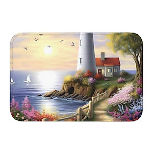 Lighthouse Diamond Painting Print Bathroom Rugs Soft Flannel Area Rug Non-Slip Bath Rug Welcome Door Mat Carpet for Living Room Bedroom Outdoor 24 x 16 in