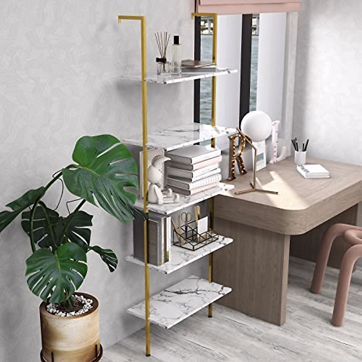Cavoba Modern Ladder Shelf, 5-Tier Open Wall-Mounted Bookshelf, Plant Flower Stand Utility Organizer Bookcase (Gold/White)