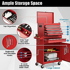 DORTALA 2 in 1 Tool Chest & Cabinet w/ 5 Sliding Drawers, Rolling Garage Box Organizer, Lockable Tool Box, Detachable Tool Organizer, Tool Cabinet Cart Workshop Trolley on Wheels, Red