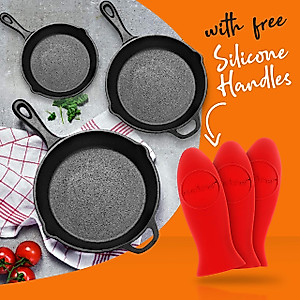 Nutrichef 3 Pieces Kitchen Frying Pre-Seasoned Cast Iron Skillet Pans Nonstick Cookware Set w/Drip Spout, Silicone Handle, For Electric Stovetop, Glass Ceramic