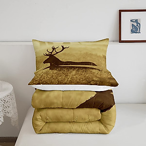 Deer Comforter Set Twin Size, Deer Antler Bedding Sets, Rural Hunting Theme Down Comforter, Rustic Countryside Style Duvet Insert, Wild Animals Quilt For Bedroom Decor All Season,Soft Lightweight