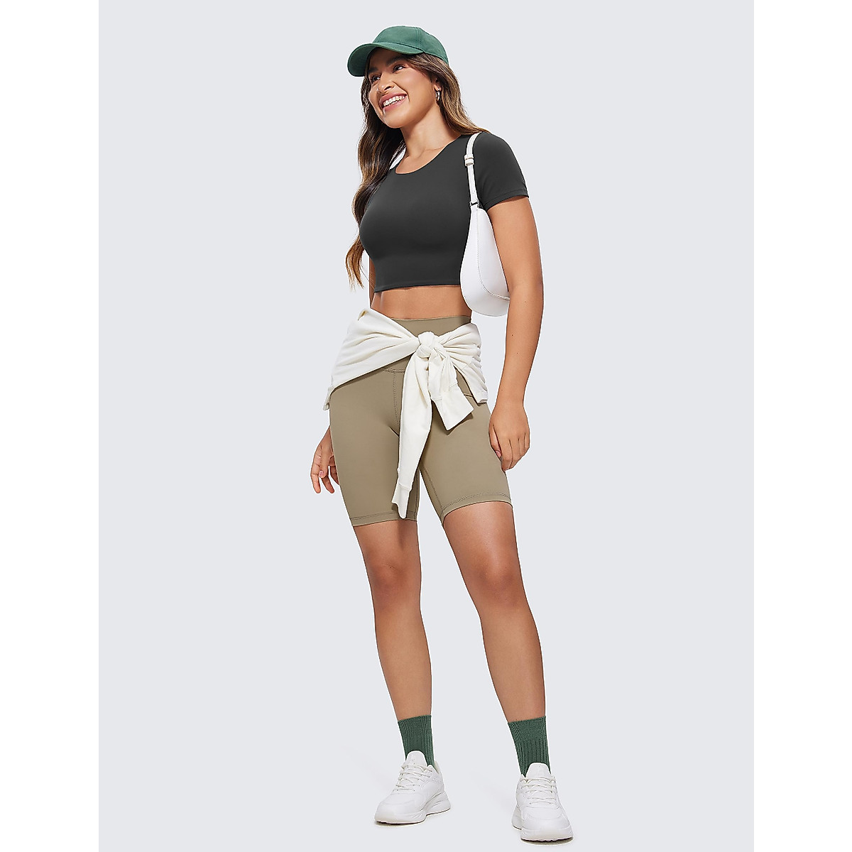 CRZ YOGA Womens Butterluxe Double Lined Short Sleeve Crop Tops Crew Neck Casual Workout T-Shirt Cute Basic Tee Black Small