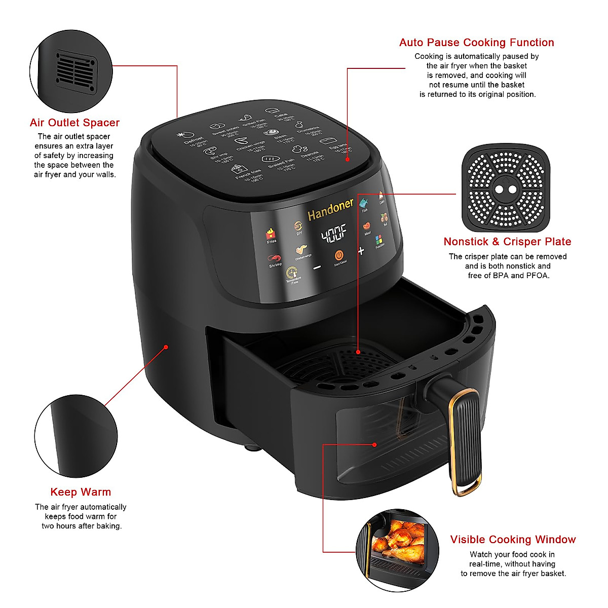 Handoner Air Fryer Max Xl Air Fryer Oven 6.5-Qt, Exclusive Recipes Quick And Easy Meals, Healthy Cooking 8-In-1 Presets Visible Cooking Window Diy Oilless Airfryer Customized Temp/Time
