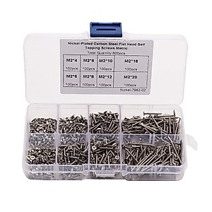 Silver M2 Nickel-Plated Carbon Steel Flat Head Self Tapping Screws (800pcs/Set), Assortment Drilling Screws with Storage Case, 4mm 5mm 6mm 8mm 10mm 12mm 16mm 20mm