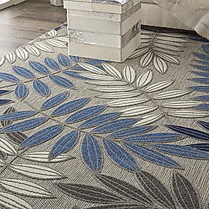 Nourison Aloha Indoor/Outdoor Grey/Blue 7'10" x 10'6" Area Rug, Easy Cleaning, Non Shedding, Bed Room, Living Room, Dining Room, Backyard, Deck, Patio (8x11)