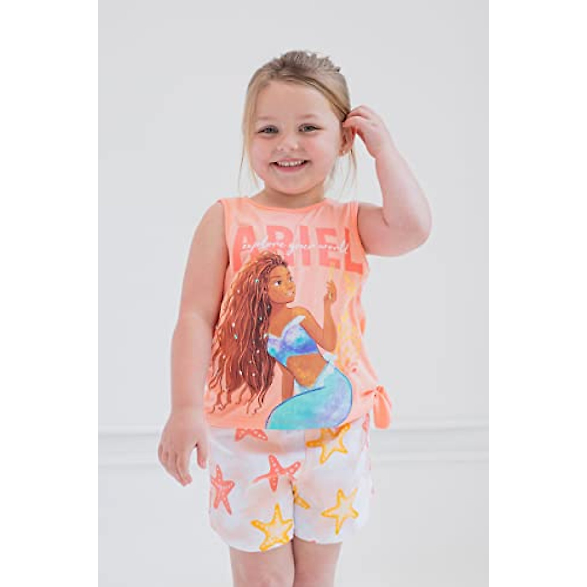 Disney Princess Ariel Little Mermaid Live Action Movie Little Girls Tank Top and Twill Shorts Outfit Set Tie Dye Pink 7-8
