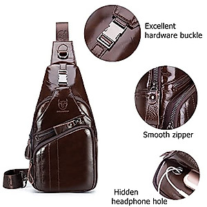 BULLCAPTAIN Men Sling Chest Bag Genuine Leather Casual Multipurpose Crossbody Shoulder Backpack Travel Hiking Daypack (Brown)