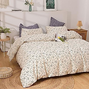Lekesky Cotton Duvet Cover Queen Size - 100% Washed Cotton Beige Floral Duvet Cover Set for All Season, Soft and Breathable Bedding Set with Zipper Closure & Corner Ties