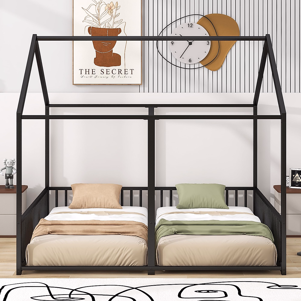 DNYN Twin Size Double Platform Beds with Roof and Fence Deisgn for Kids Bedroom,Sturdy Steel House Shaped Floor Bedframe,No Box Spring Needed & Space Saving,Perfect for Boys and Girls, Black
