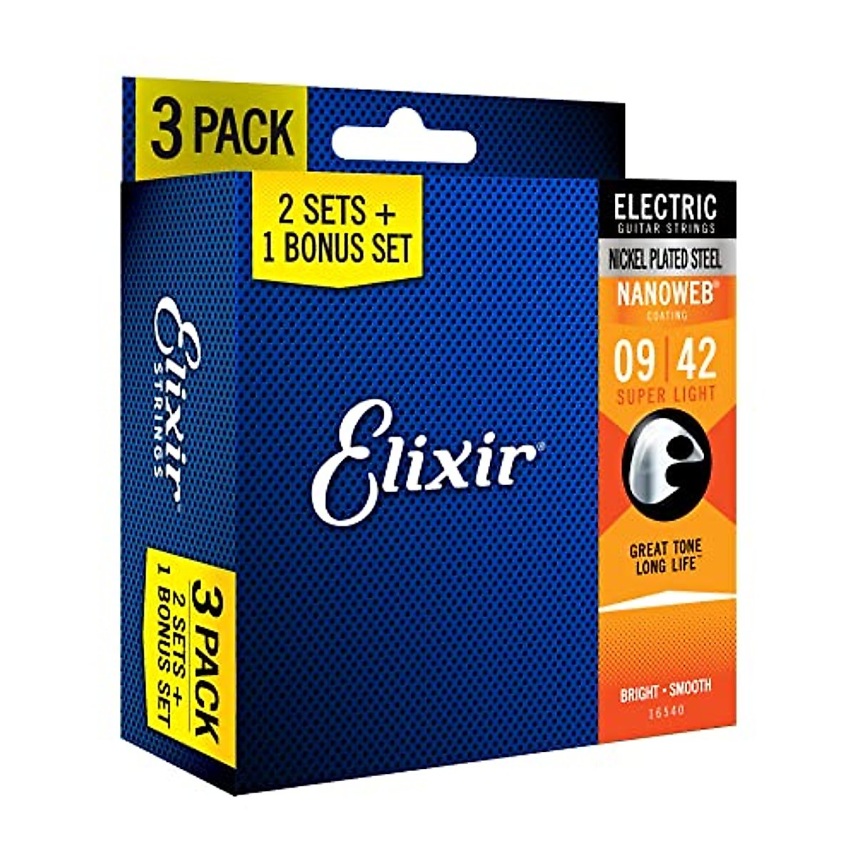 Elixir® Strings 16540 Electric Guitar Strings with NANOWEB® Coating, 3 Pack, Super Light (.009-.042)