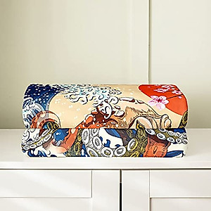 Japanese Ukiyoe Theme Flannel Fleece Throw Blanket,All Season Octopus Ocean Kraken Print Bed Blanket Japanese-Wave Floral Fuzzy Blanket for Bed Sofa Couch,Bedroom Decor Plush Blanket Throw 50"x60"