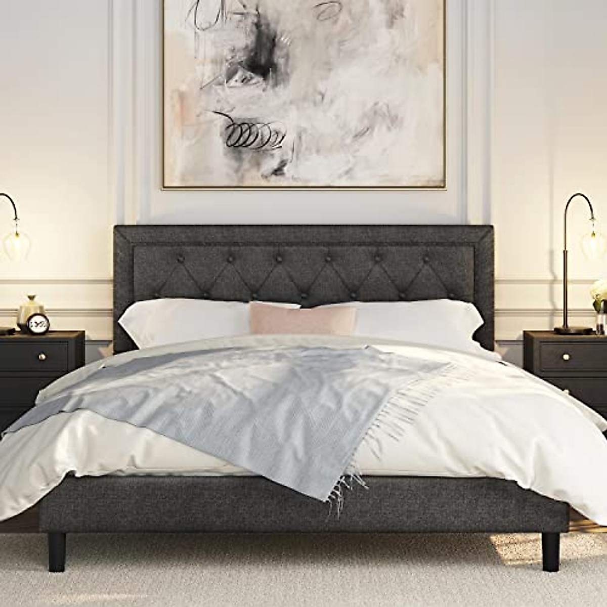 Yaheetech Queen Size Upholstered Bed Frame with Tufted Headboard, Platform Bed Frame with Sturdy Wood Slat Support and Fabric Mattress Foundation, No Box Spring Needed, Dark Grey
