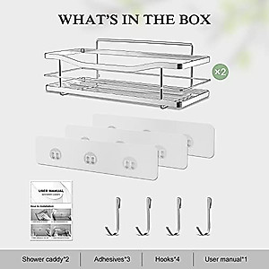 EAGMAK Shower Caddy with Hooks of 4, No Drilling Adhesive Shower Shelf Wall Mounted Shampoo Holder, SUS304 Stainless Steel Shower Storage Organizer for Bathroom, Toilet and Kitchen- 2 Pack (Silver)