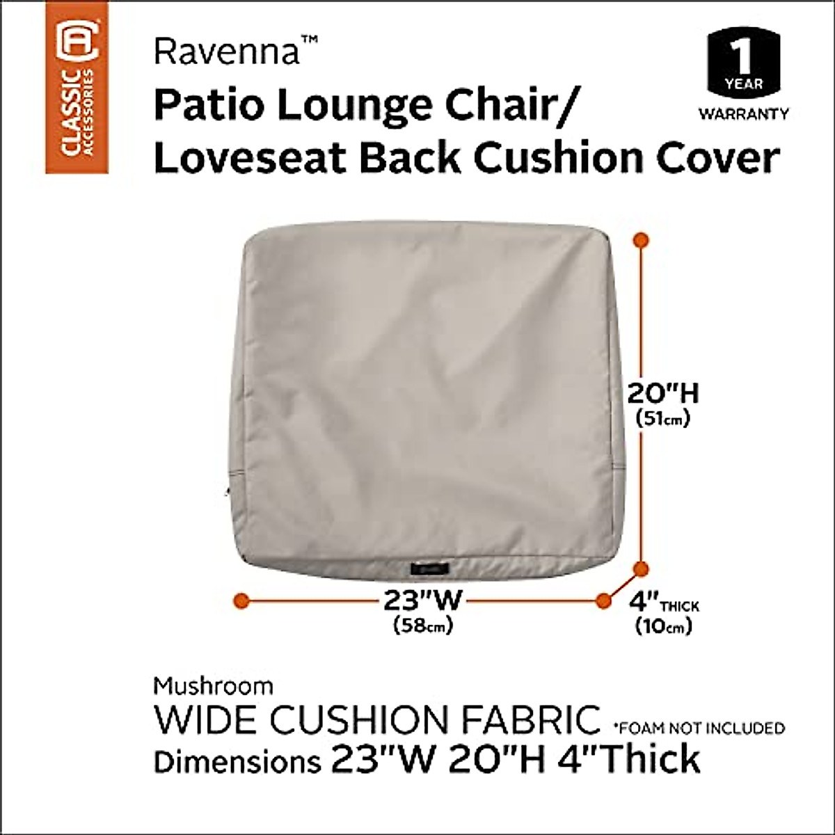 Classic Accessories Ravenna Water-Resistant 23 x 20 x 4 Inch Outdoor Back Cushion Slip Cover, Patio Furniture Cushion Cover, Mushroom