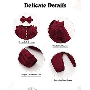 Mioglrie Newborn Baby Girl Clothes Romper Cute Baby Girl Stuff Cotton Newborn Girl Clothes Ruffle Baby Girl Outfits Gifts Maroon 0-3 Months Baby Girl Clothes