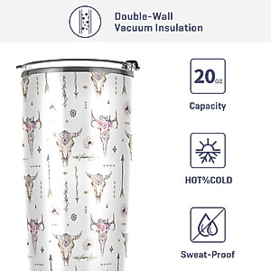 Jihqo Western Cow Skull Tumbler with Lid and Straw, Insulated Stainless Steel Tumbler Cup, Double Walled Travel Coffee Mug Thermal Vacuum Cups for Hot & Cold Drinks 20oz