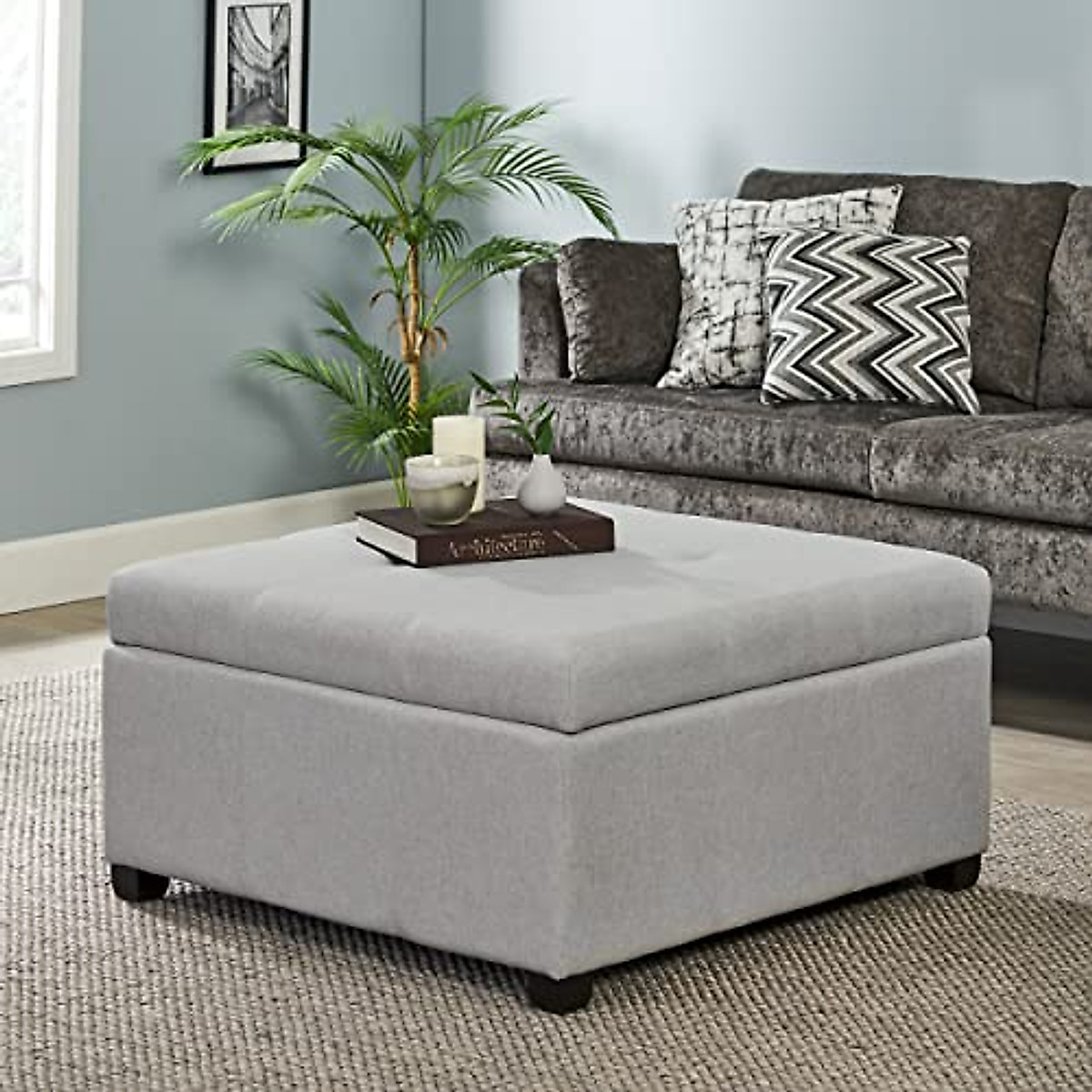 Christopher Knight Home Carlsbad Fabric Storage Ottoman, Light Grey 35.00”D x 35.00”W x 18.50”H