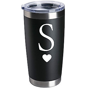 COFOZA Initial Gifts for Woman Men Letter S 20oz Stainless Steel Black Tumbler Cup Monogram Mug Personalized Birthday Graduation Wedding Bridesmaid Groomsman Proposal Engagement Christmas Gift (S)