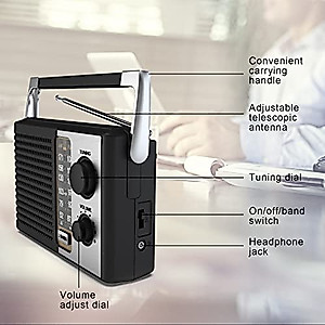 Yewrich AM FM Radio with Best Reception, Portable Battery Operated Transistor Radios, Headphone Jack, AC Powered, Suit for Senior and Home, Black