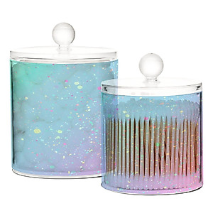 senya 2 Pack Qtip Holder Dispenser with Lids,Unicorn Background with Rainbow Cotton Swabs Cans Round Pads Clear Plastic Acrylic Jar Bathroom Canister