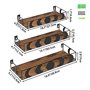 Serwrsw Moon Phase Wall Shelves Set of 3, Black Floating Shelves with Brown Board, Crystal Display Shelf for Witchy Wall Decor