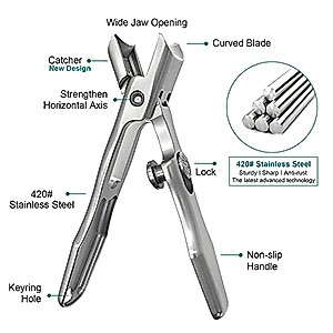 VOGARB Nail Clippers for Thick Nails Long Handle Large Wide Jaw Opening Cutter with Safety Lock Heavy Duty for Toenail Fingernail No Splash Trimmer with Catcher for Men Women Adult Seniors (Silver)