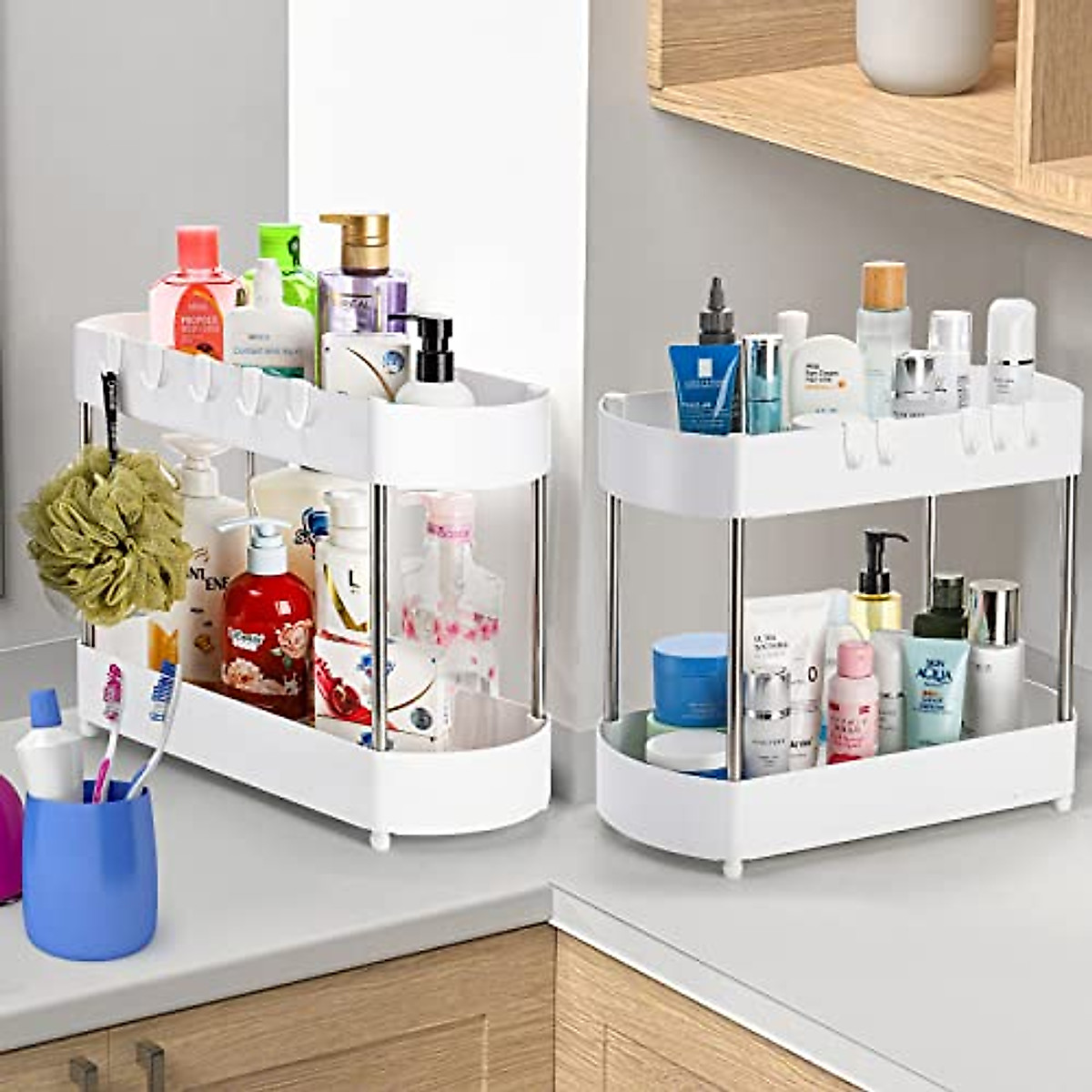 Dicunoy Under Sink Organizer and Storage, Plastic Under Cabinet Shelf for Bathroom, Multi-Purpose White 2 Tier Counter Side Organizer Bins with Hooks for Kitchen, Coffee Bar, Office, Table