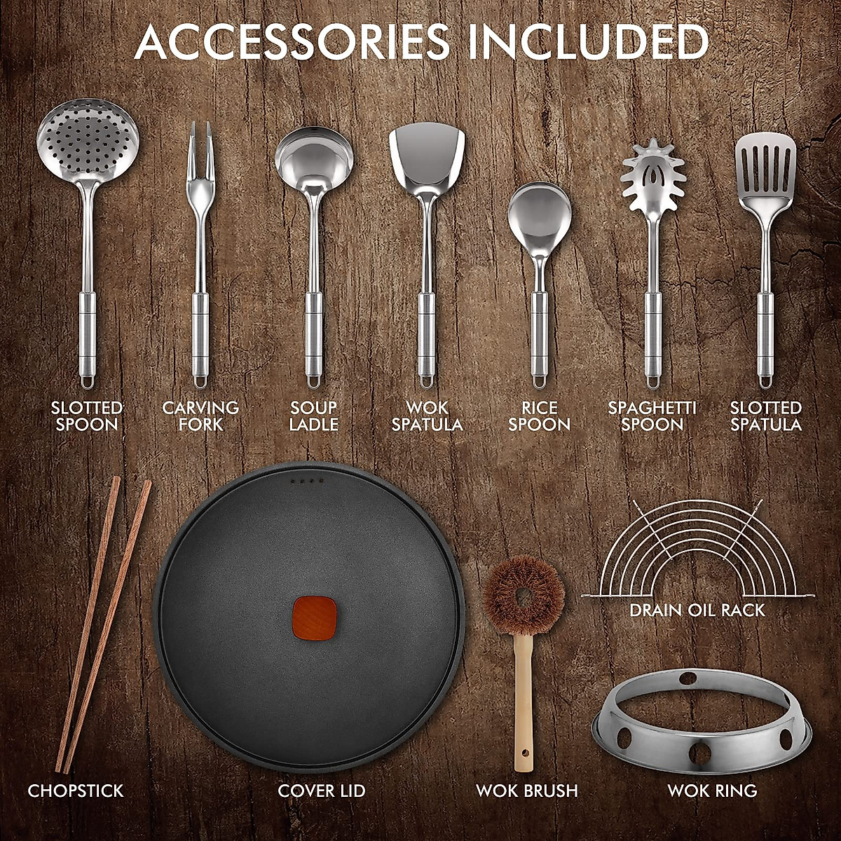 SodoMai Carbon Steel Wok, 13 Inch Wok Pan with Lid Woks & Stir-Fry Pans with Spatula, Cookware Accessories, No Chemical Coated Flat Bottom Chinese Wok for Induction, Electric, Gas Stove, All Stoves