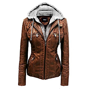 Hoffen Premium Vegan Leather Jacket for Women with Detachable Hood - Seitig Model (Caramel, XXL)