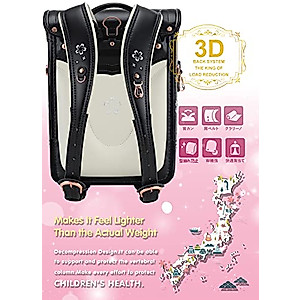 IwaiLoft Ransel Randoseru Backpack Automatic Satchel Japanese School Bag Cherry Blossom Sakura Embroidery PU Bookbag For Girls (Black)