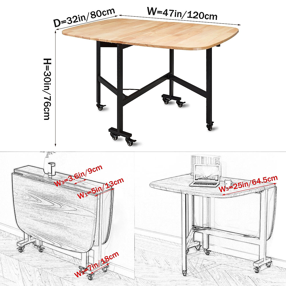 Rukulin Multifunction Table Drop Leaf Dining Table - 47" Solid Wooden Foldable Kitchen Table with 6 Wheels (Natural)
