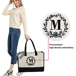 BeeGreen Initial Canvas Tote Bag w Makeup Bag Monogram Embroidery Tote Bags for Women w Inner Zipper Pocket Personalized Gifts for Friends Birthday Mother Hostess Bridesmaid Letter M