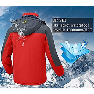 JINSHI Men's Snow Jacket Waterproof Ski Jackets Winter Hooded Mountain Fleece Jacket (Red,M)