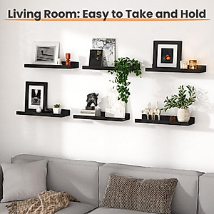 upsimples Floating Shelves for Wall, Wall Shelves for Decor Storage Set of 6, Wall Mounted Wood Shelves for Bedroom, Living Room, Bathroom, Kitchen, Picture Ledge Shelves, Black